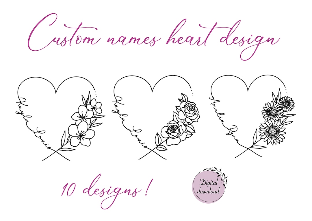 Custom Names Heart Tattoo Design | Floral Romantic Couple Gift ...
