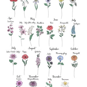 Custom Birth Month Flower Bouquet With Color | Birth Flowers Line Art ...