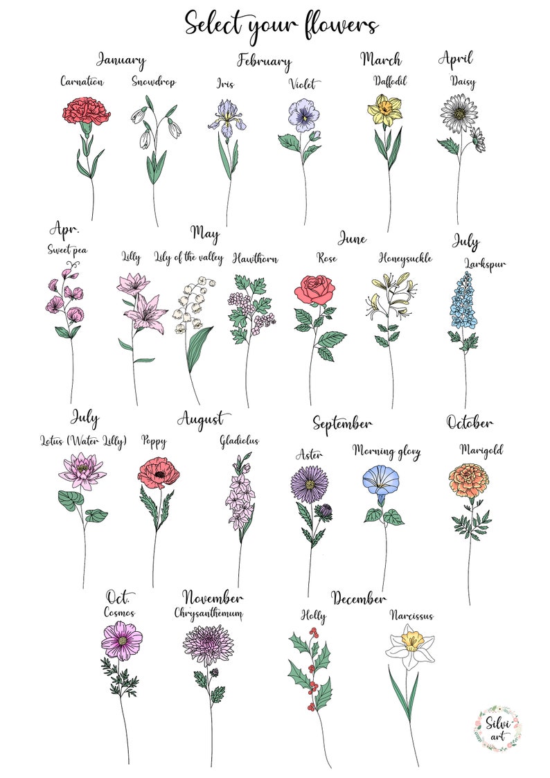 Custom Birth Month Flower Bouquet With Color | Birth Flowers Line Art ...