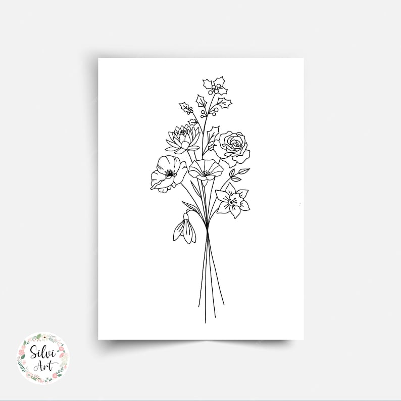 Custom Birth Month Flowers Bouquet | Digital Minimalistic Line Design ...