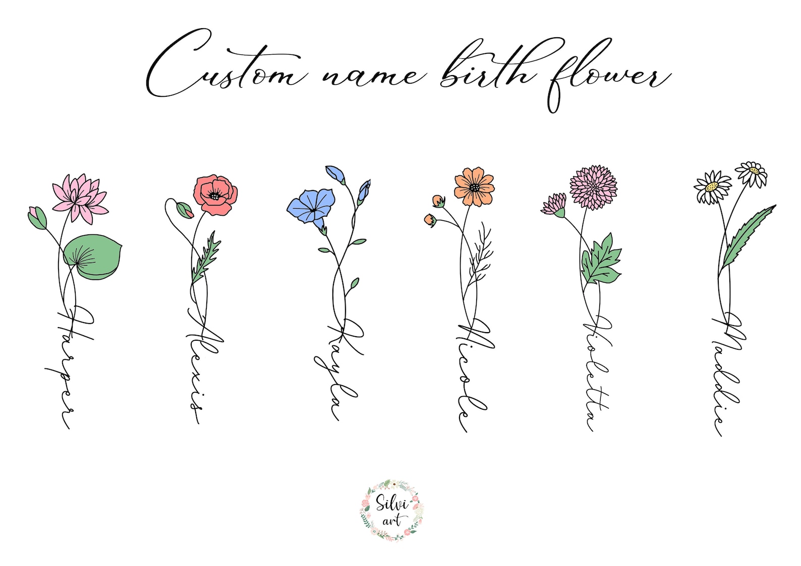 Custom Name Flower With Color Birth Flower Gift Tattoo - Etsy