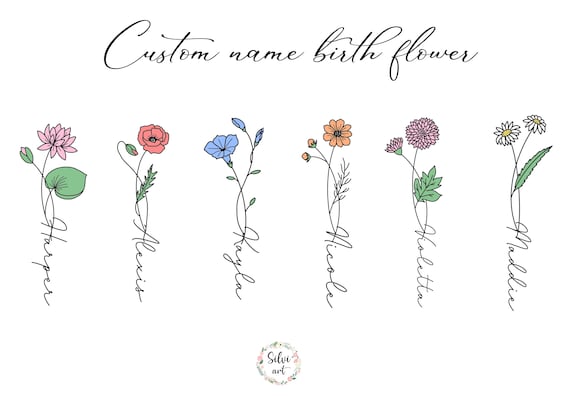 Custom Name Flower With Color Birth Flower Gift Tattoo - Etsy