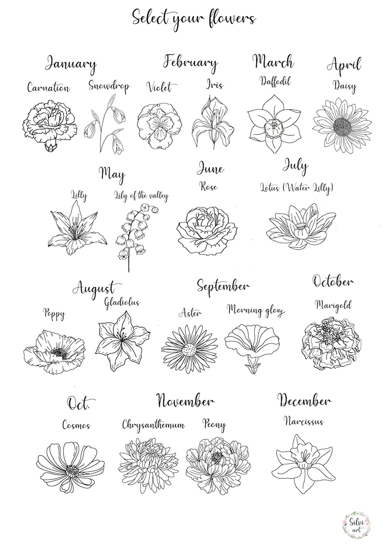 Custom 1 to 8 Birth Flower Bouquet | Black and White Birth Flowers Line ...