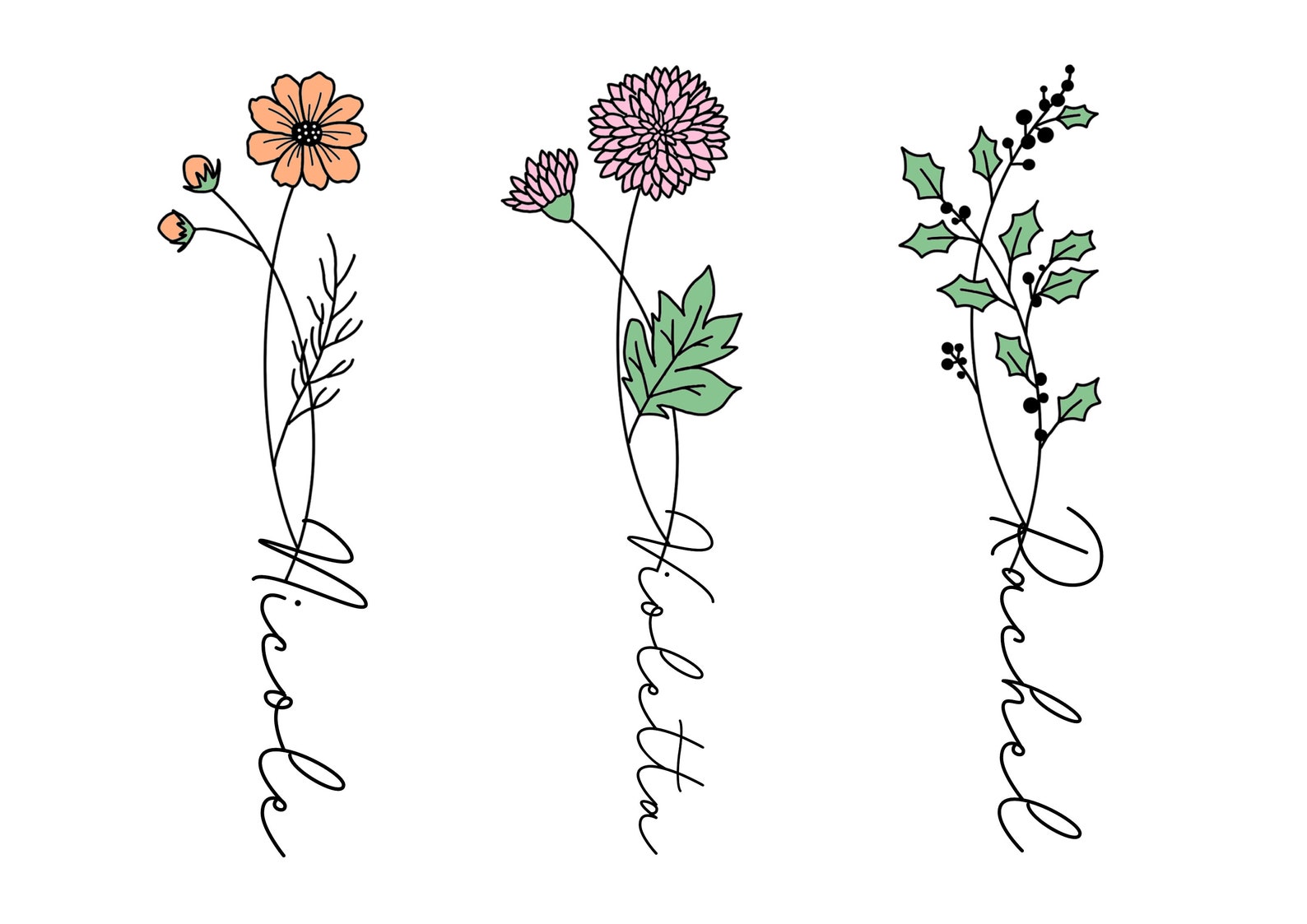 Custom Name Flower With Color | Birth Flower Gift | Tattoo Comission ...