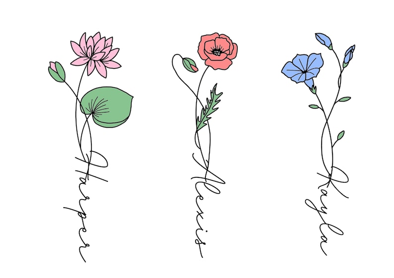Custom Name Flower With Color | Birth Flower Gift | Tattoo Comission ...