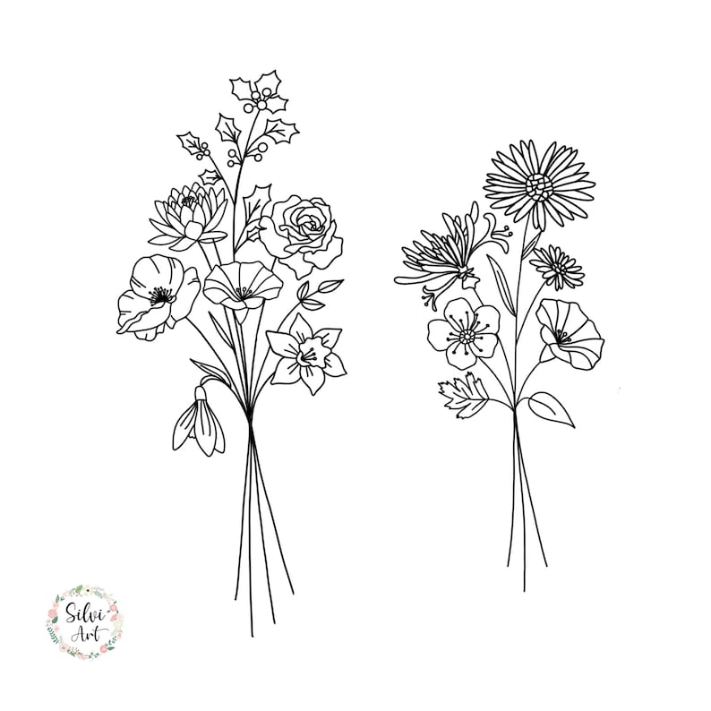 Custom Birth Month Flowers Bouquet | Digital Minimalistic Line Design ...