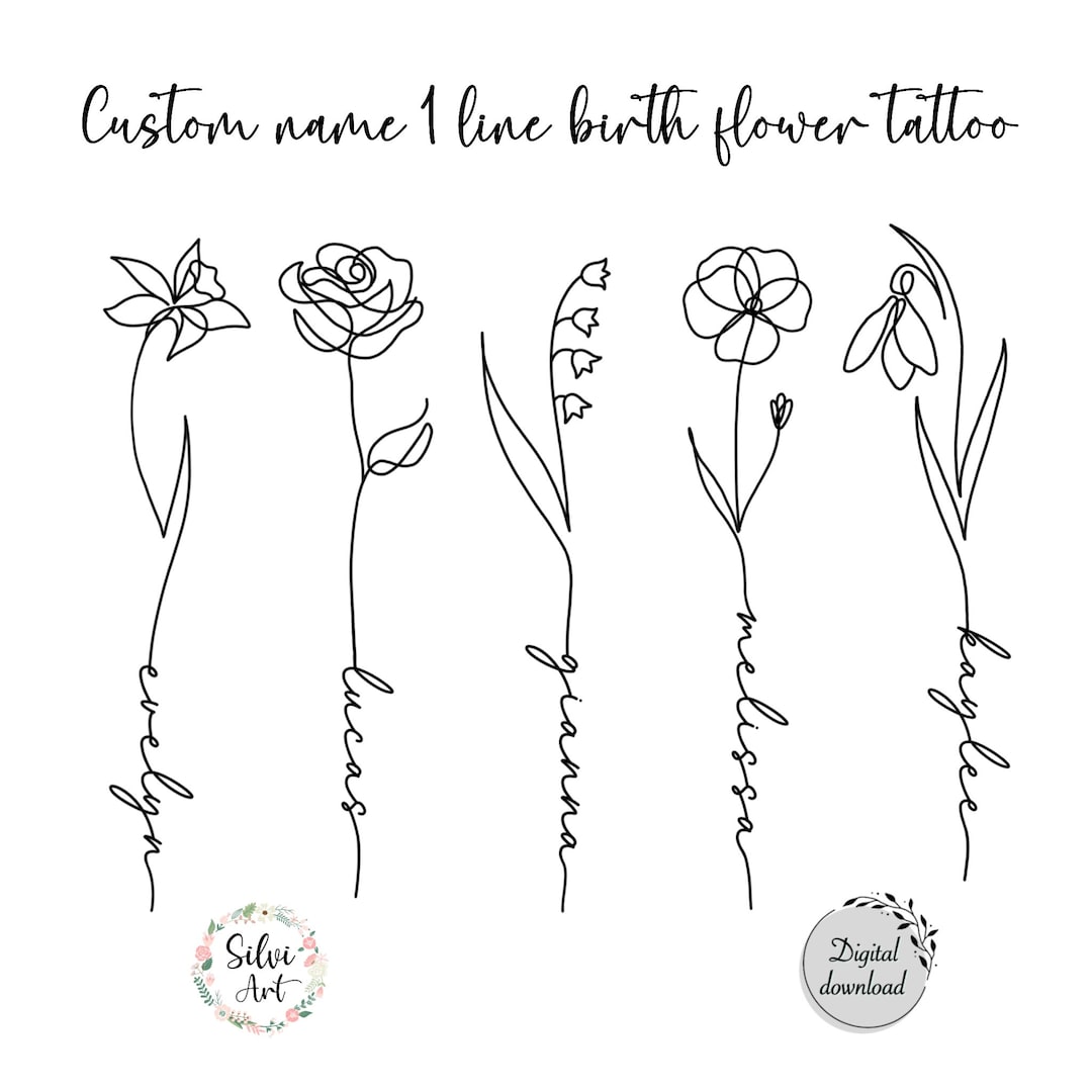 Custom Name Single Line Birth Month Flower Minimalist Design | Floral ...