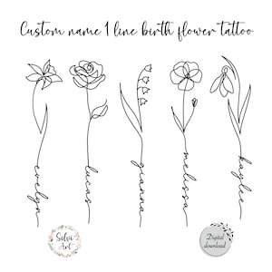 Custom Name Single Line Birth Month Flower Minimalist Design | Floral ...