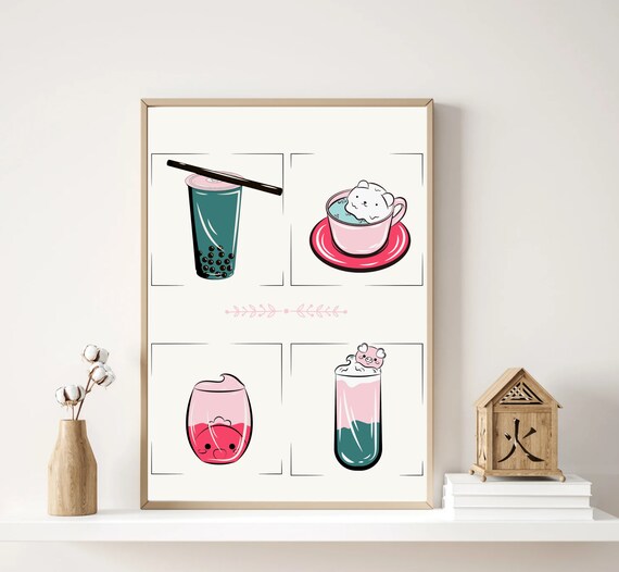 Cartoon Beverages Poster Boba Tea Tea Pink Poster | Etsy