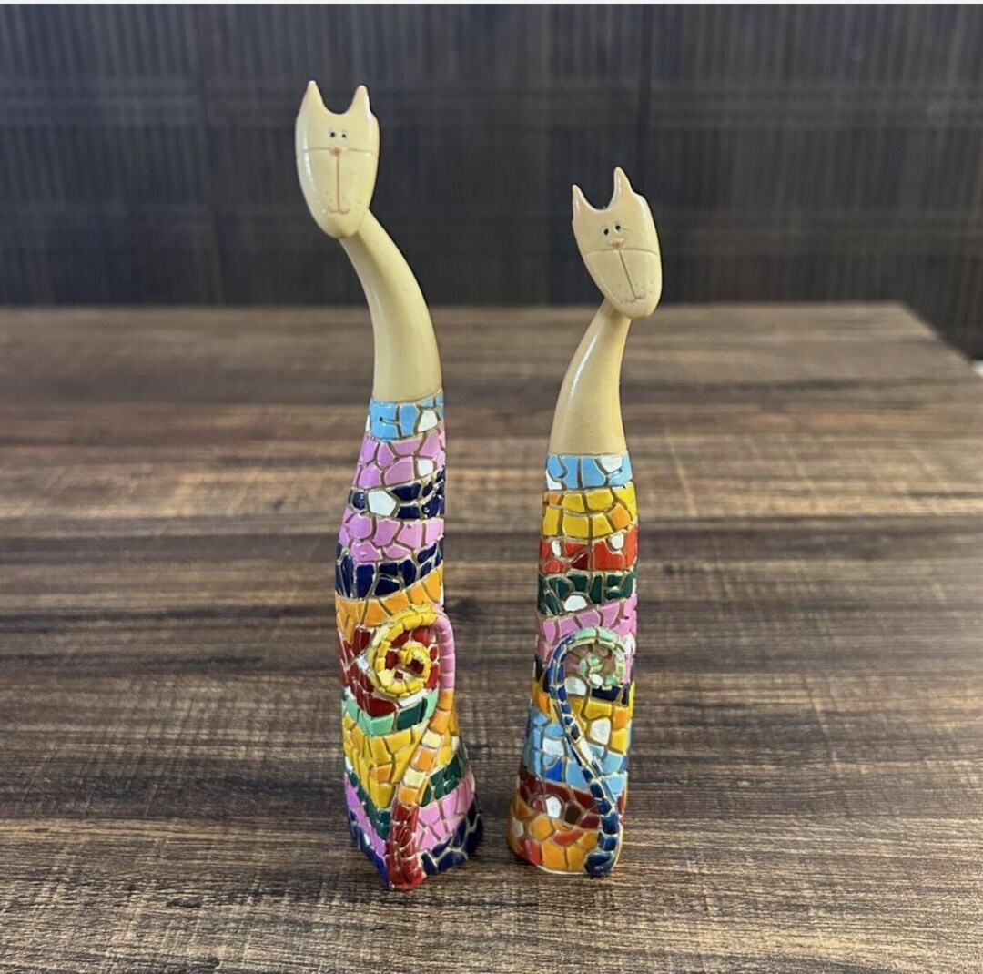 Barcino Carnival Mosaic Cats Sculpture Resin Ceramic Hand Painted ...