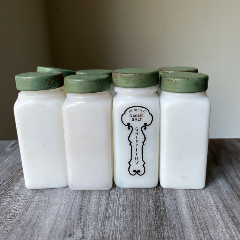 Vintage 1940 Griffith Milk Glass Jars Spice Green Lids Set of - Etsy