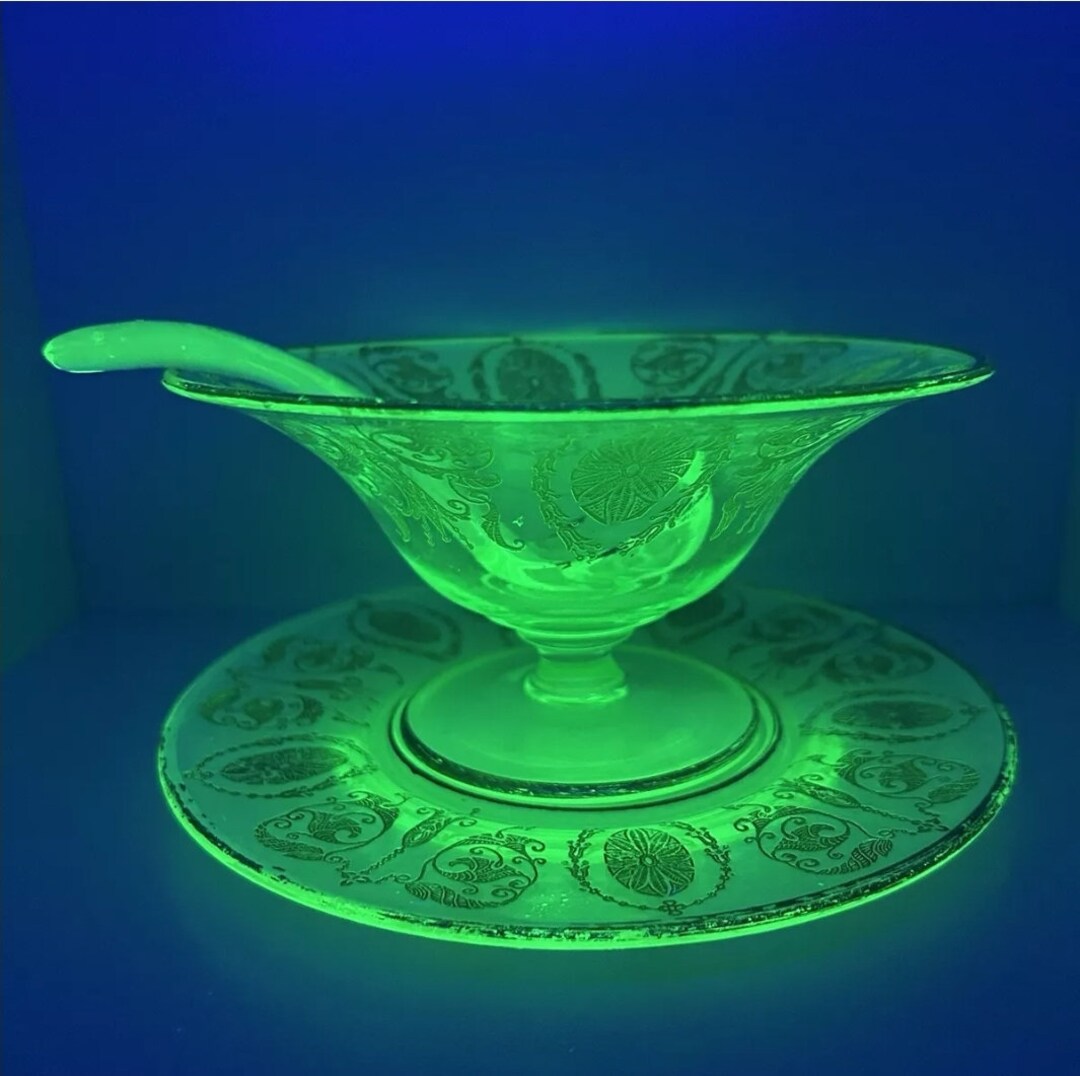 Uranium Glass Green Mayonnaise Bowl With Underplate and Spoon 6 - Etsy