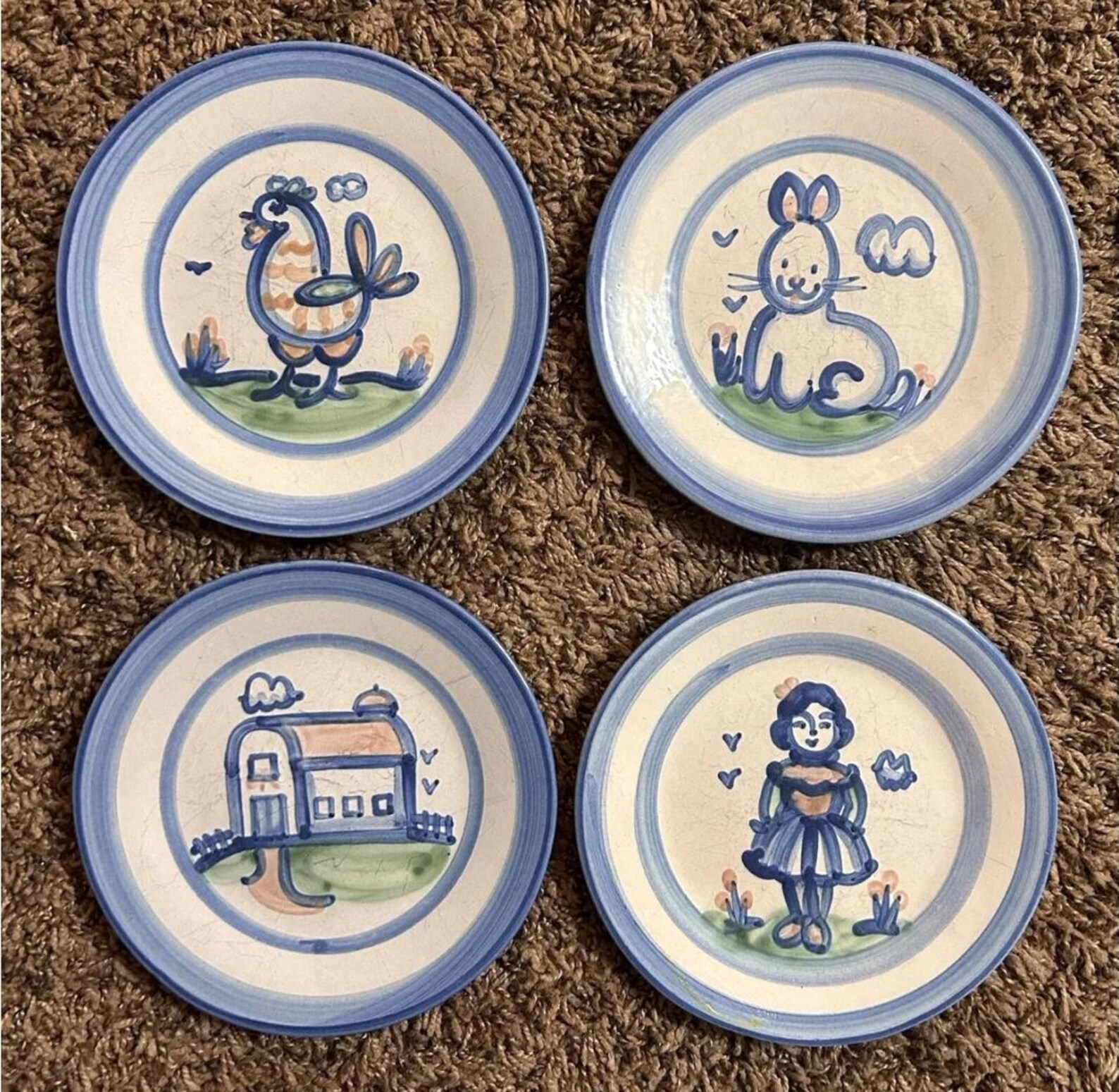 M A Hadley Pottery Blue Country Scene Farm Dessert Plates 7 Set of 4 - Etsy
