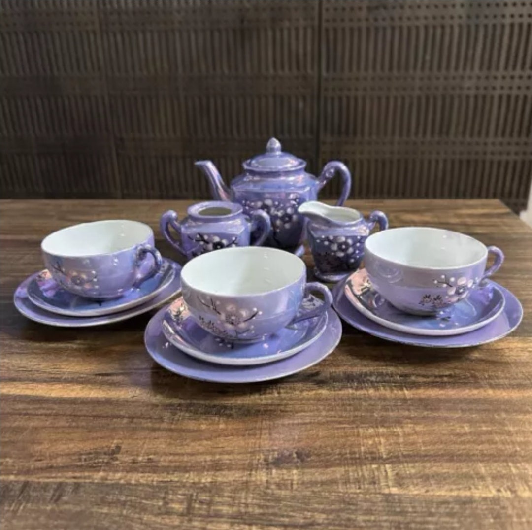 Japan Lusterware Blue Cherry Blossom Small Tea Set Teapot Cups Saucers ...