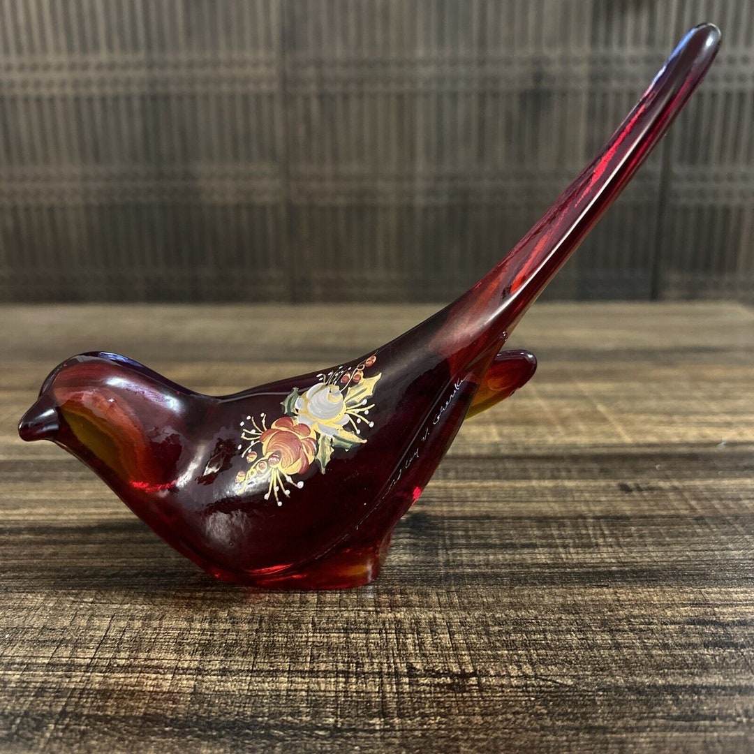 Fenton Glass Hand Painted Ruby Red Bird Florals Artist Signed - Etsy
