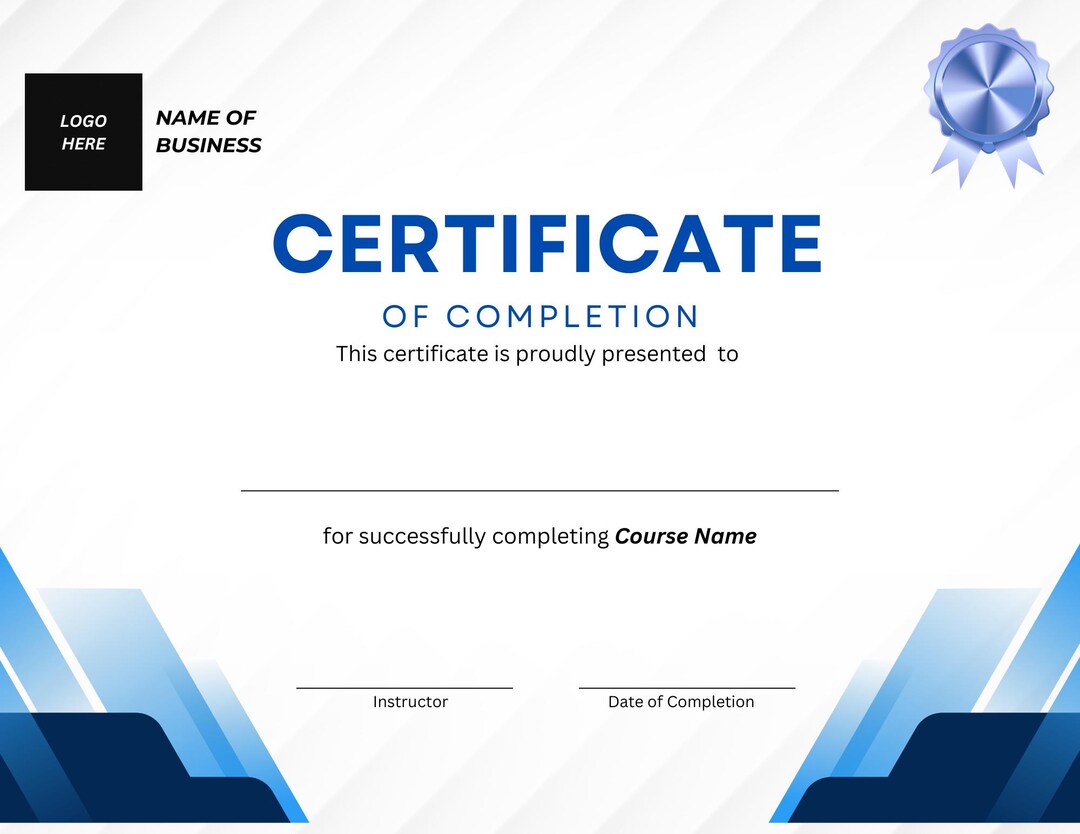 Editable Course Completion Certificate Template – Custom Logo (digital ...