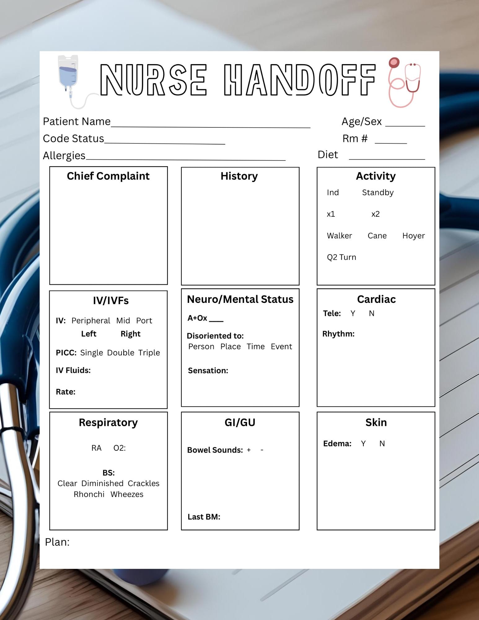 Printable Nurse Handoff Report Sheet | Nursing Shift Change Report ...