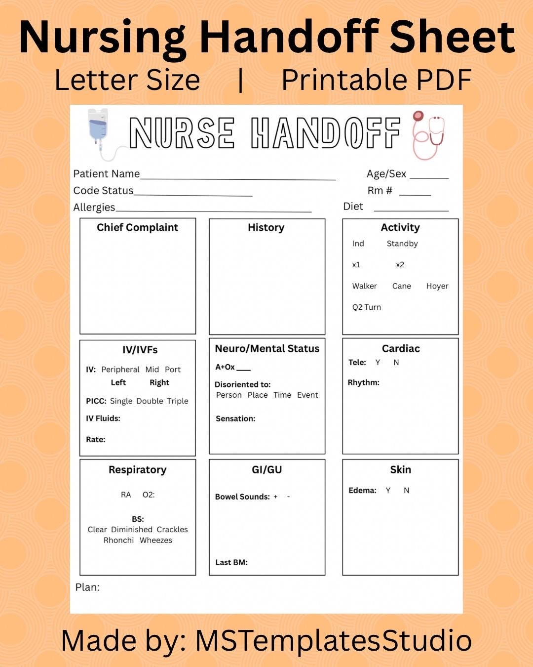 Printable Nurse Handoff Report Sheet | Nursing Shift Change Report ...