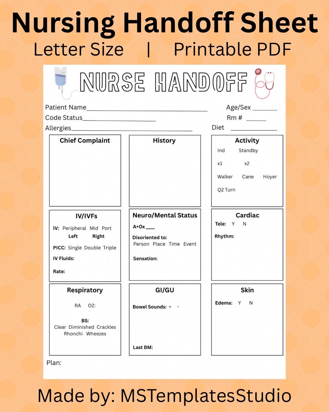 Printable Nurse Handoff Report Sheet | Nursing Shift Change Report | Patient Info Template ...