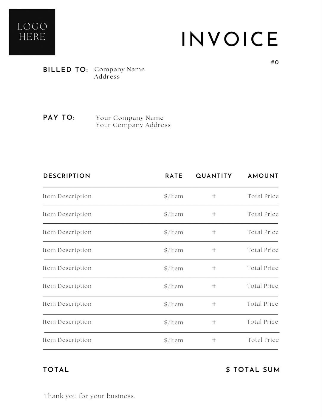 Minimalist Invoice Template | Printable & Editable for Small Business ...