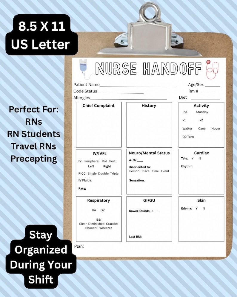 Printable Nurse Handoff Report Sheet | Nursing Shift Change Report ...