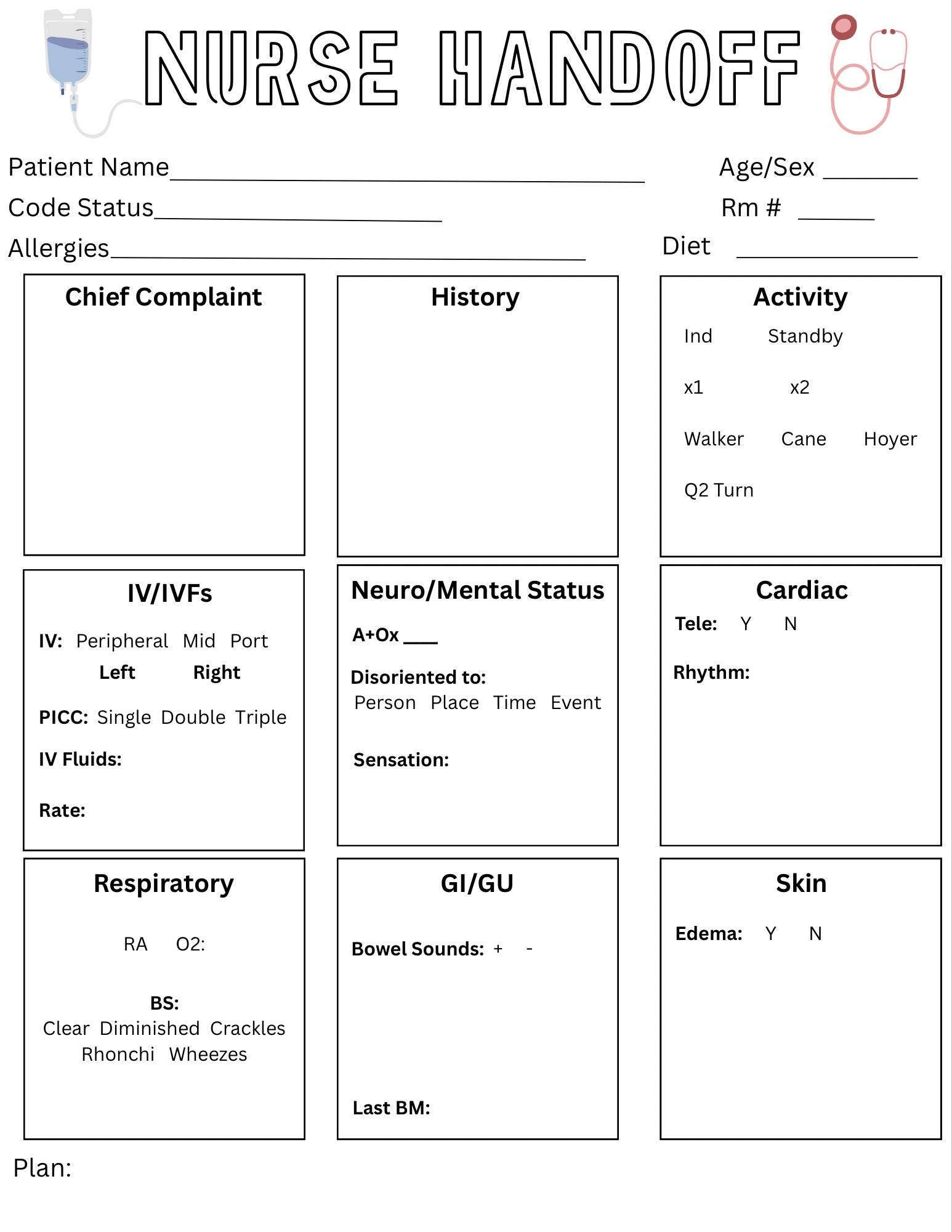 Printable Nurse Handoff Report Sheet | Nursing Shift Change Report ...