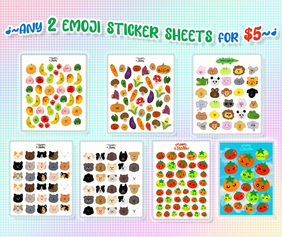 Emoji Sticker Sheets - Pick 2 From 7 - Fruits & Veggies, Puppies ...