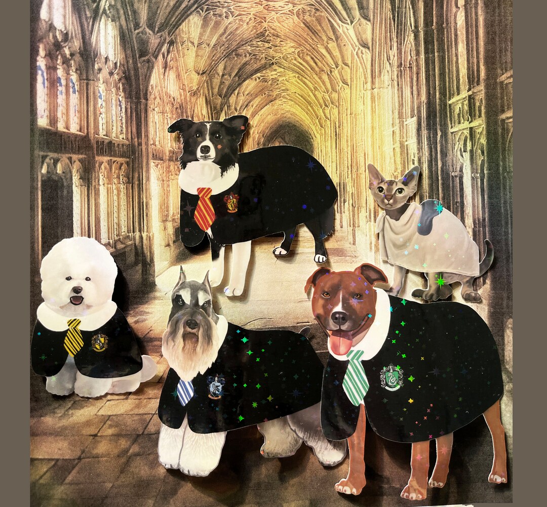 Pup & Cat Wizard Crew Sticker - Sorcerer Costume Cat and Puppies Single ...