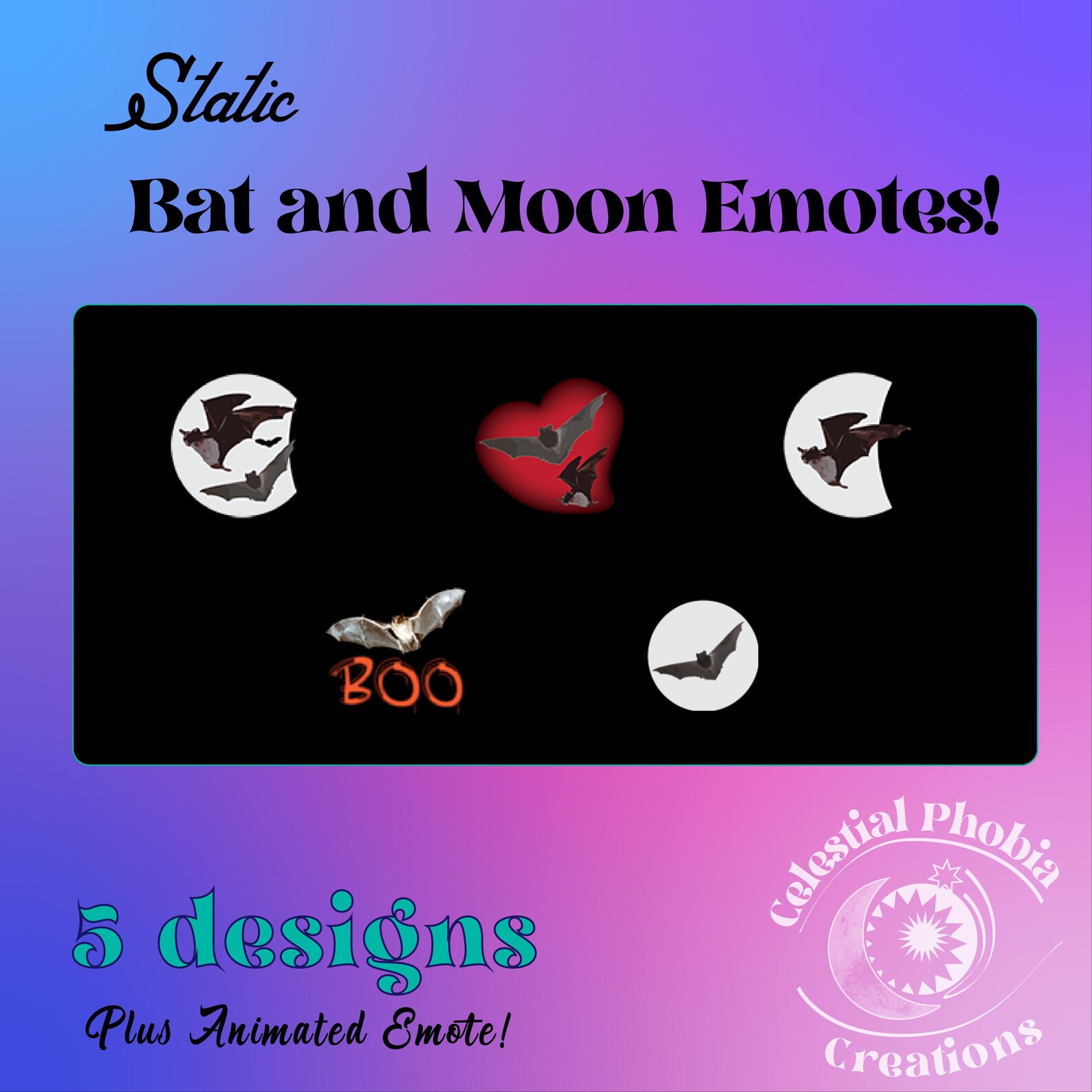 Bat and Moon Emotes - 5 Static and 1 Animated Gif Great for Streamers ...