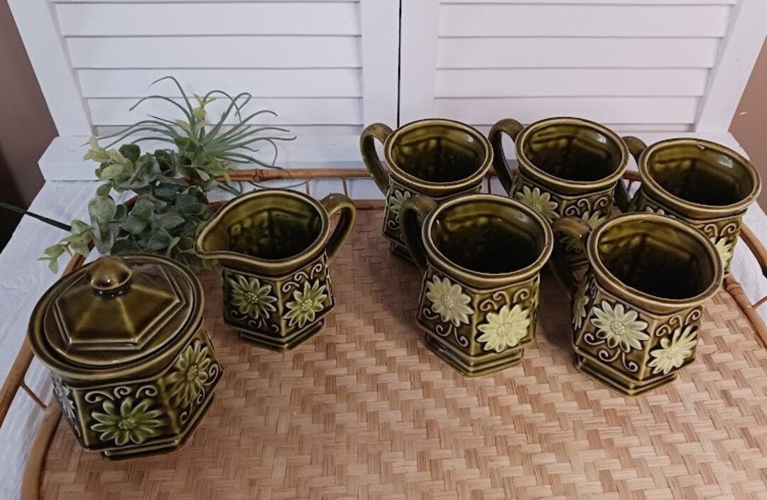 Green Glazed Floral Tea Cup Set With Sugar & Creamer Gorgeous - Etsy