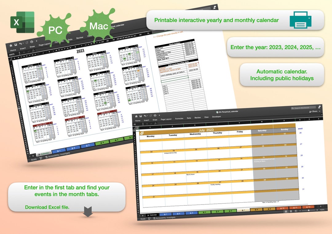 Printable and Customizable Ms-excel Perpetual Calendar, Year and Month ...