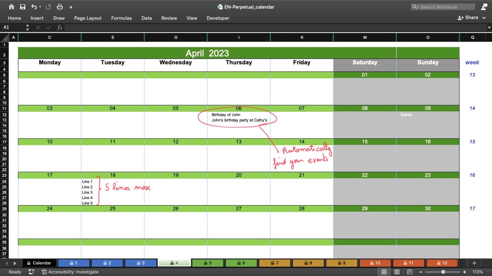 Printable and Customizable Ms-excel Perpetual Calendar, Year and Month ...