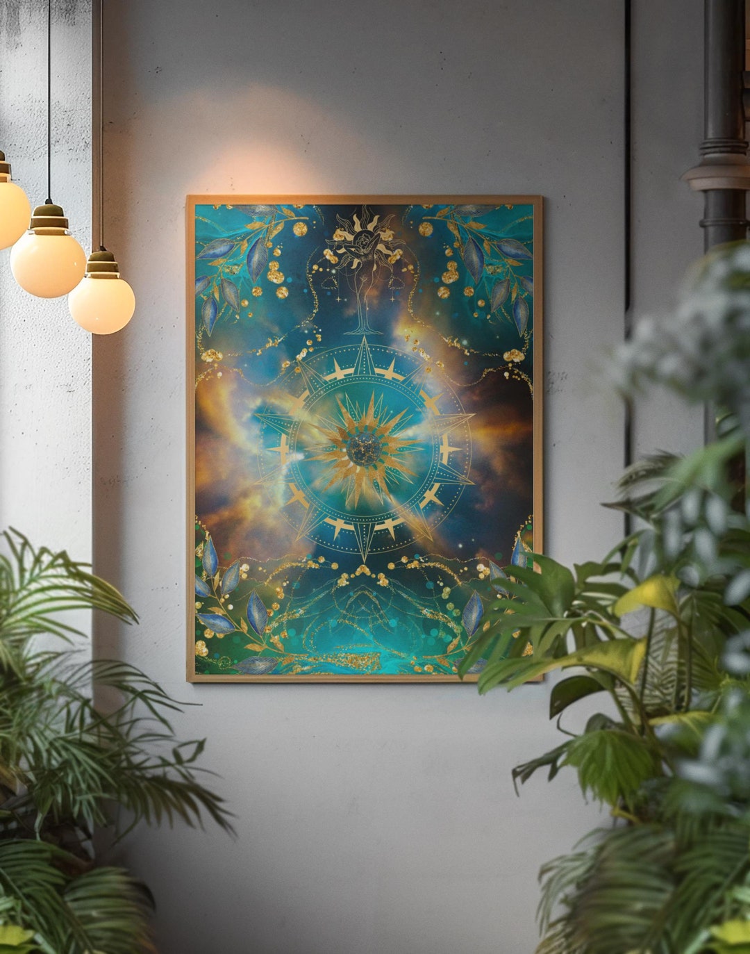 Space Wall Art, Green and Gold Cosmic Decor, Mystical Ethereal Print ...