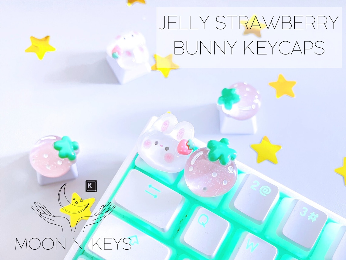 ARTISAN Strawberry Bunny Keycap Pink Green Transparent - Etsy