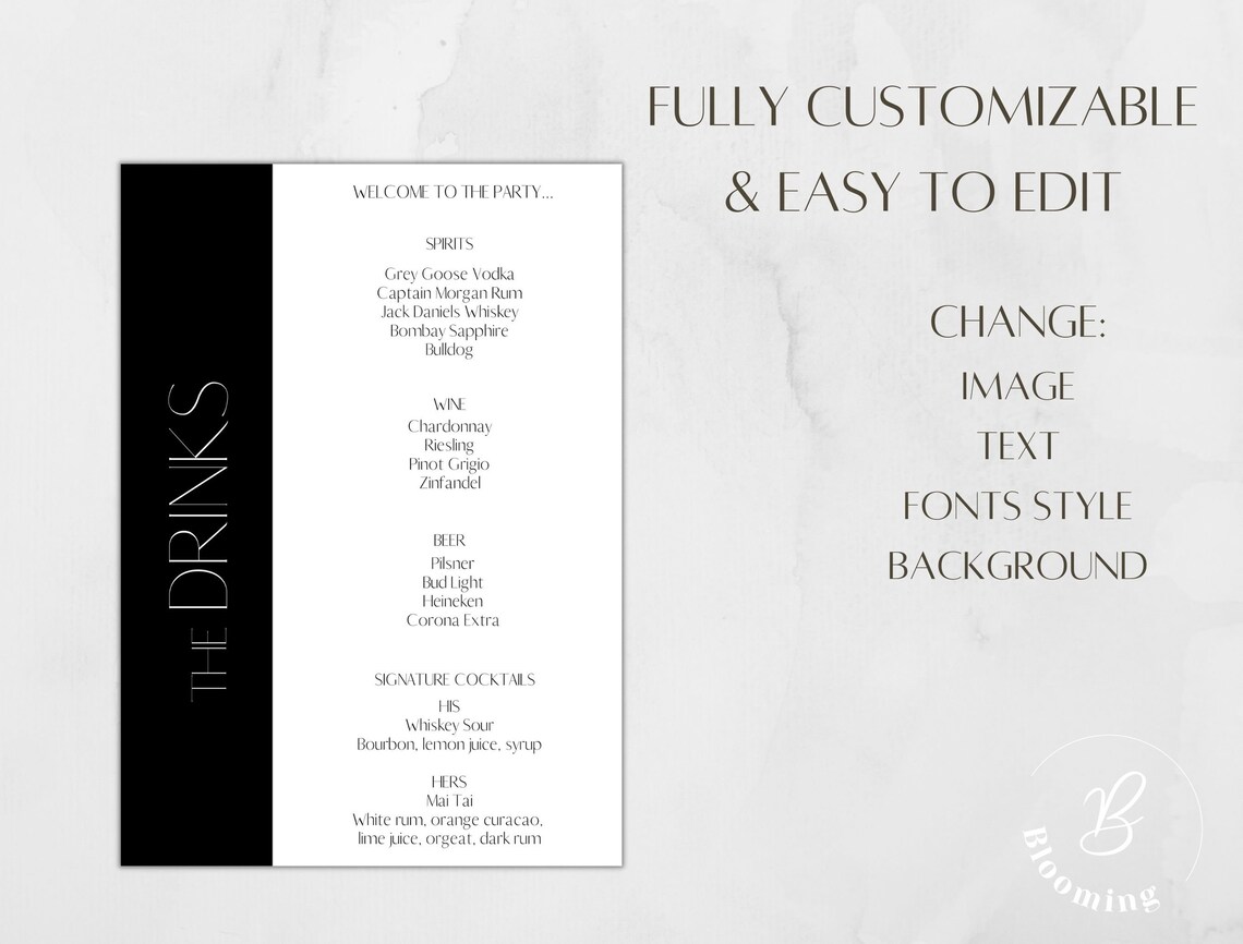 Modern Bar Menu Template, Minimalist Bar Menu Sign, Wedding Drink Sign ...