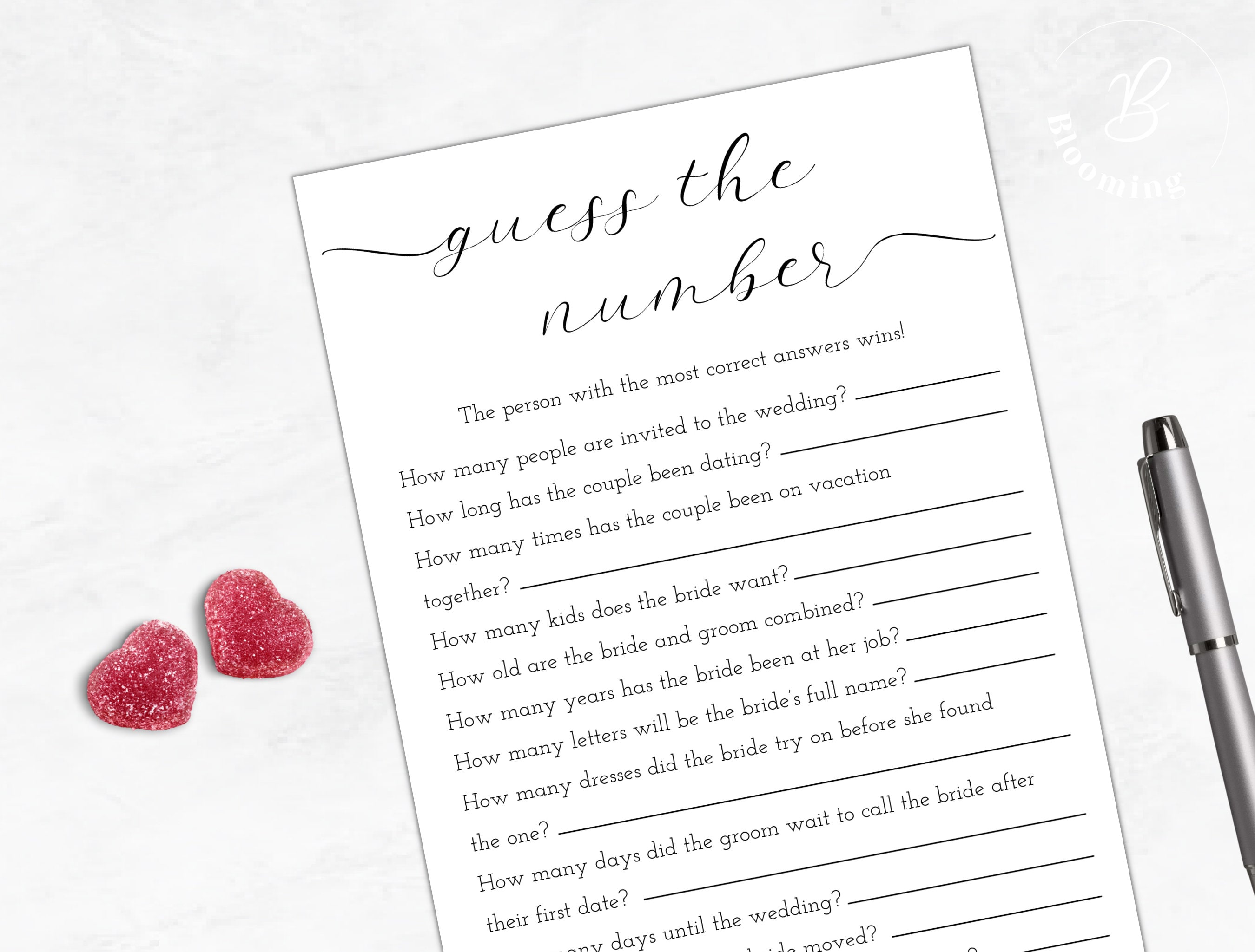 Guess the Number Bridal Shower Game Template, Printable Bridal Shower ...