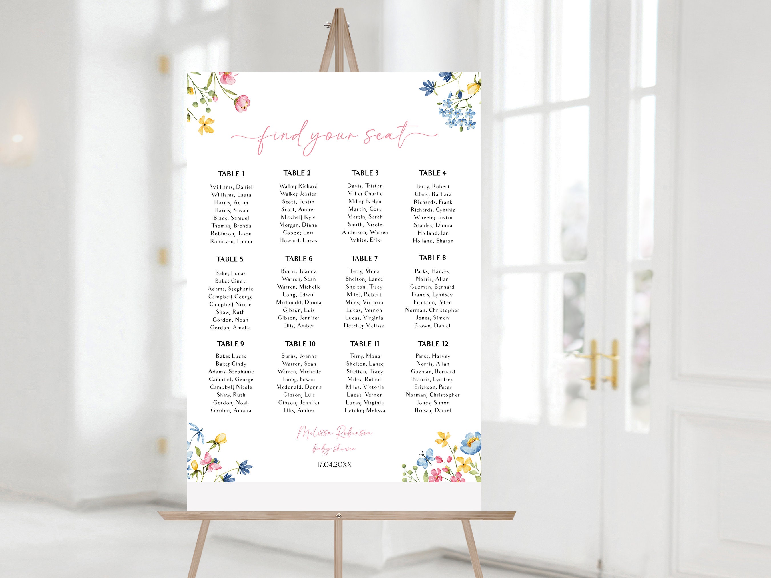 Baby in Bloom Seating Chart Sign Template, Floral Find Your Seat Sign ...