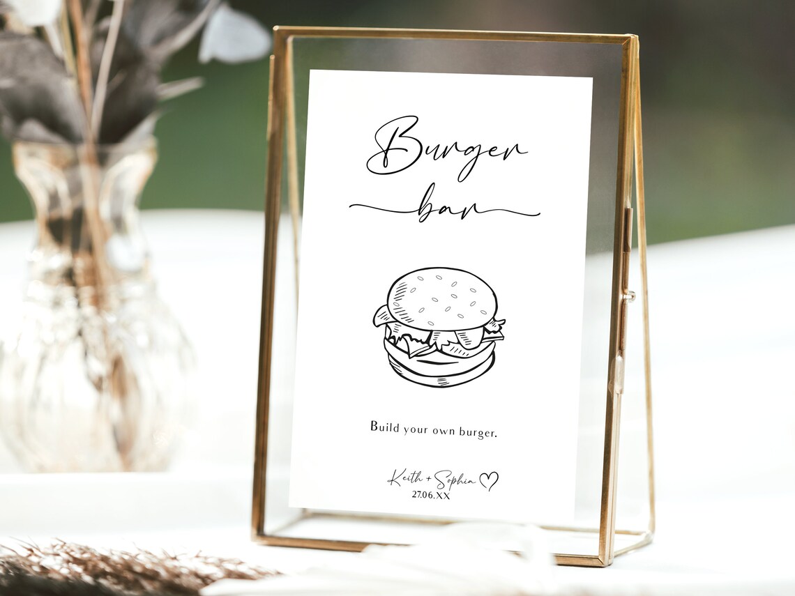 Burger Bar Sign Template, Wedding Food Signs Editable, Hamburger ...
