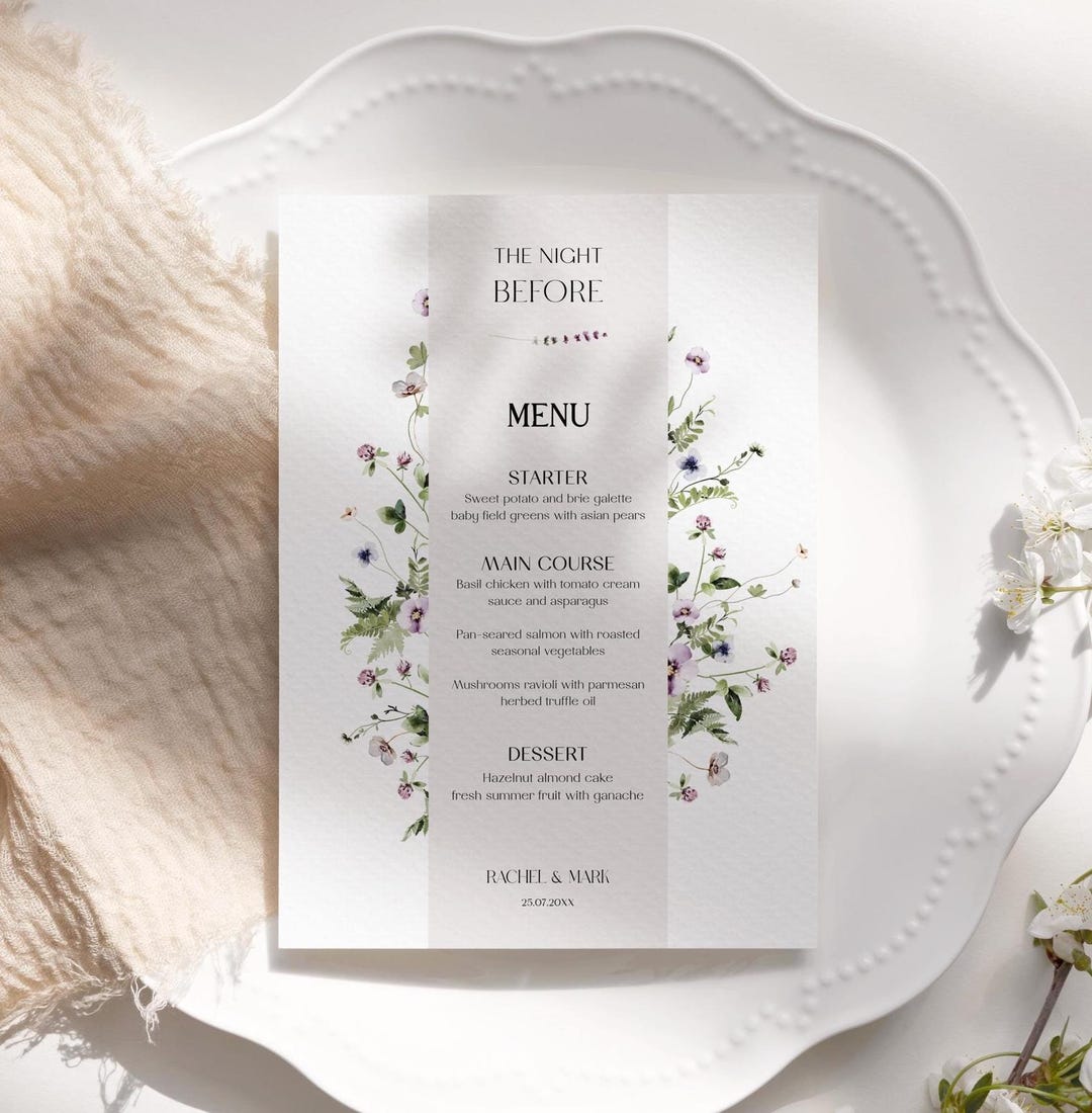 Rehearsal Floral Dinner Menu Template, the Night Before Menu Card ...