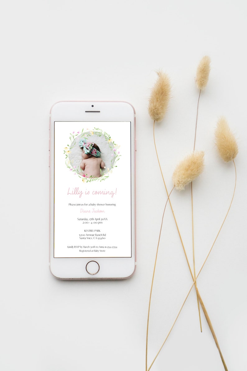 Baby Shower Digital Invitation With Photo Template, Editable Floral ...