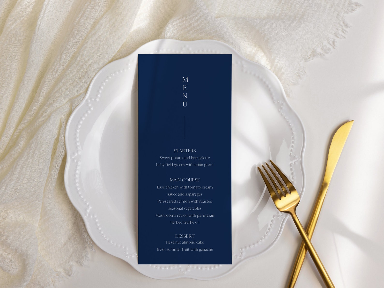 Blue Navy and Gold Wedding Menu Template, Moon and Stars Dinner Menu ...