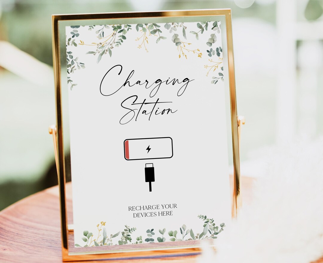 Greenery Charging Station Sign, Charging Bar Sign Template, Party ...