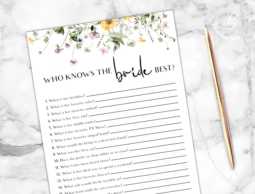 Who Knows the Bride Best Game Template, 20 Questions About the Bride ...