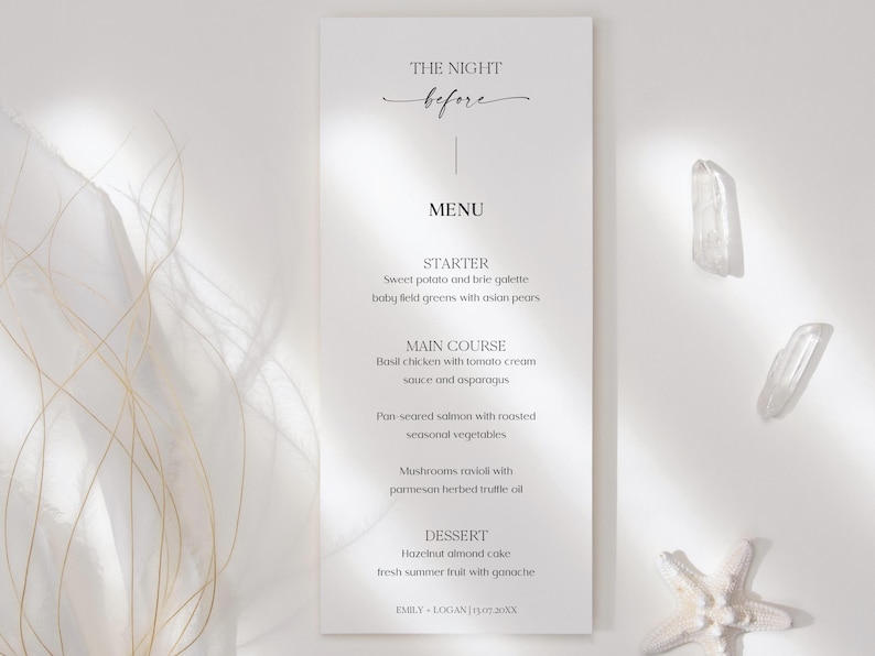 Rehearsal Dinner Menu Template, the Night Before Menu Card, Minimalist ...