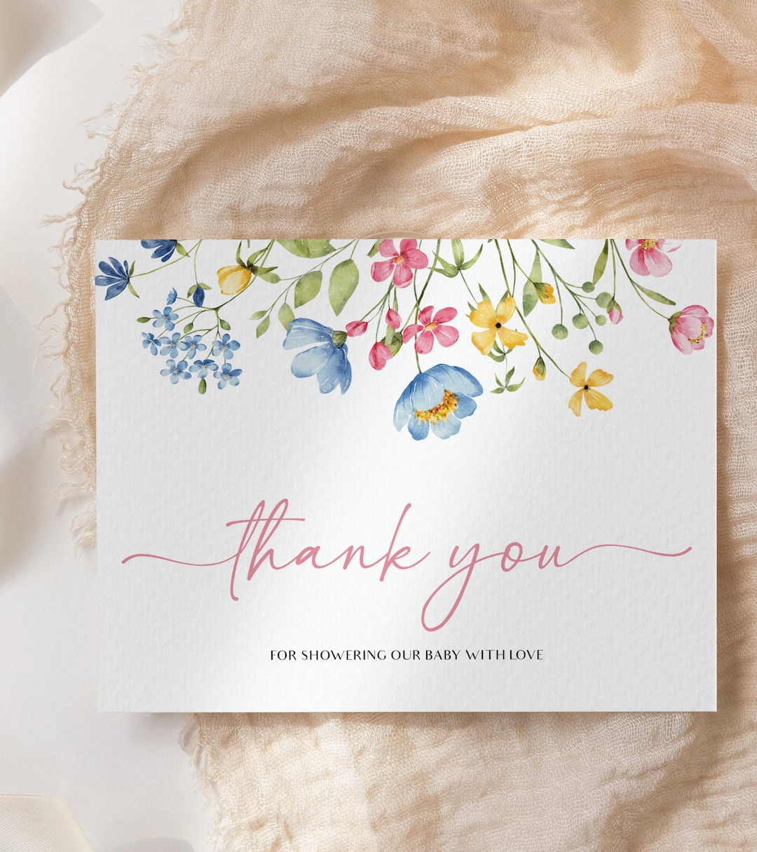 Baby in Bloom Floral Thank You Card Template, Wildflower Baby Shower Card, Printable Floral ...