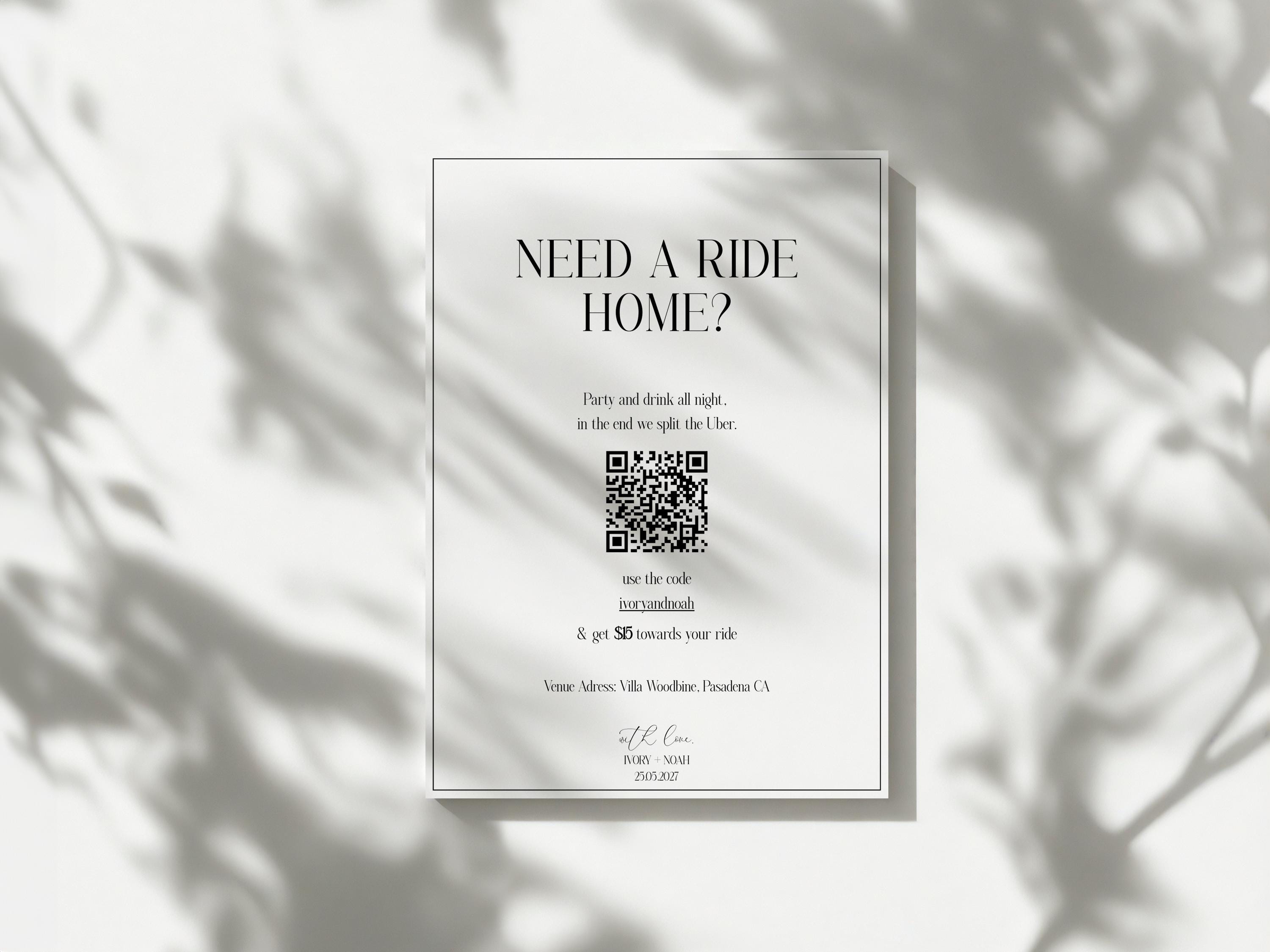 Need A Ride Home Sign Template, Uber Sign Promo Code, Editable Wedding ...