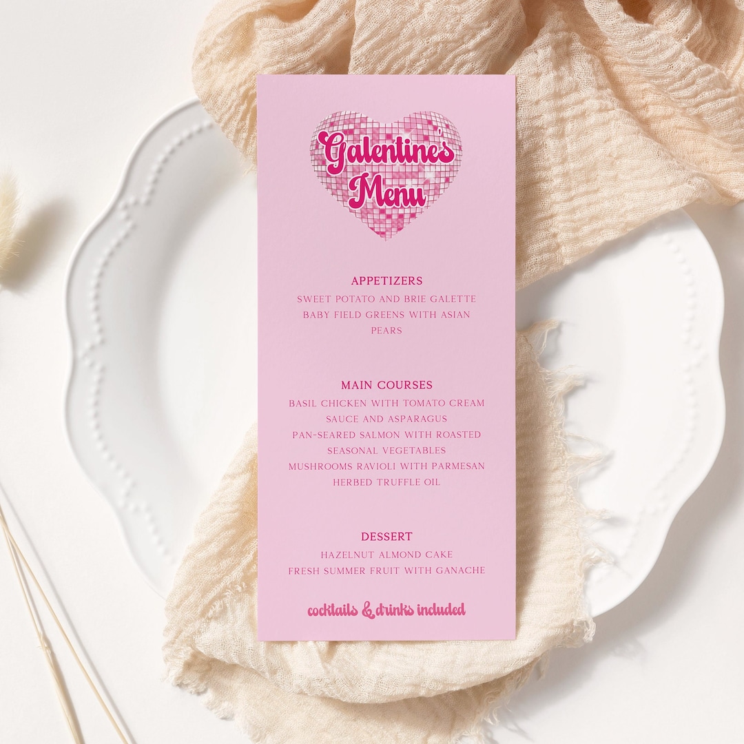 Modelo de menu de Galentine, menu de dia dos namorados, menu editável ...