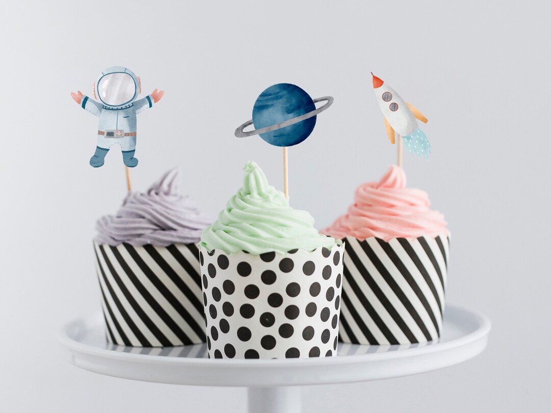 Space Party Cupcake Toppers, Favor Tags, Boy Birthday Party Decoration ...