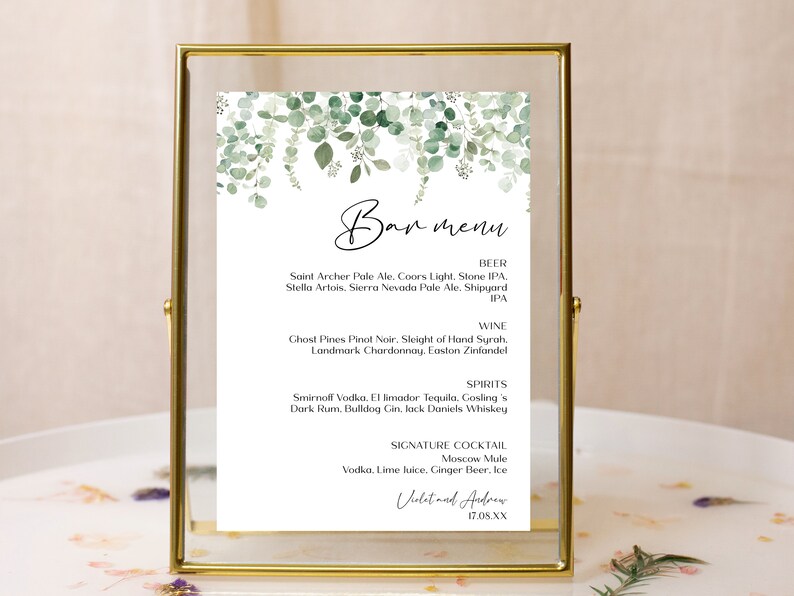 Bar Menu Wedding Sign Template Drinks Sign Greenery - Etsy
