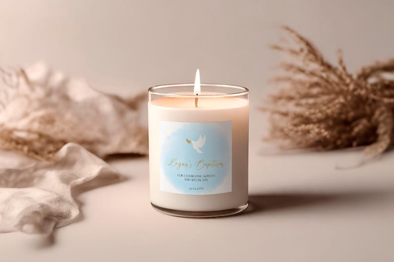 Blue Baptism Candle Label Template, Printable Modern Christening Candle ...
